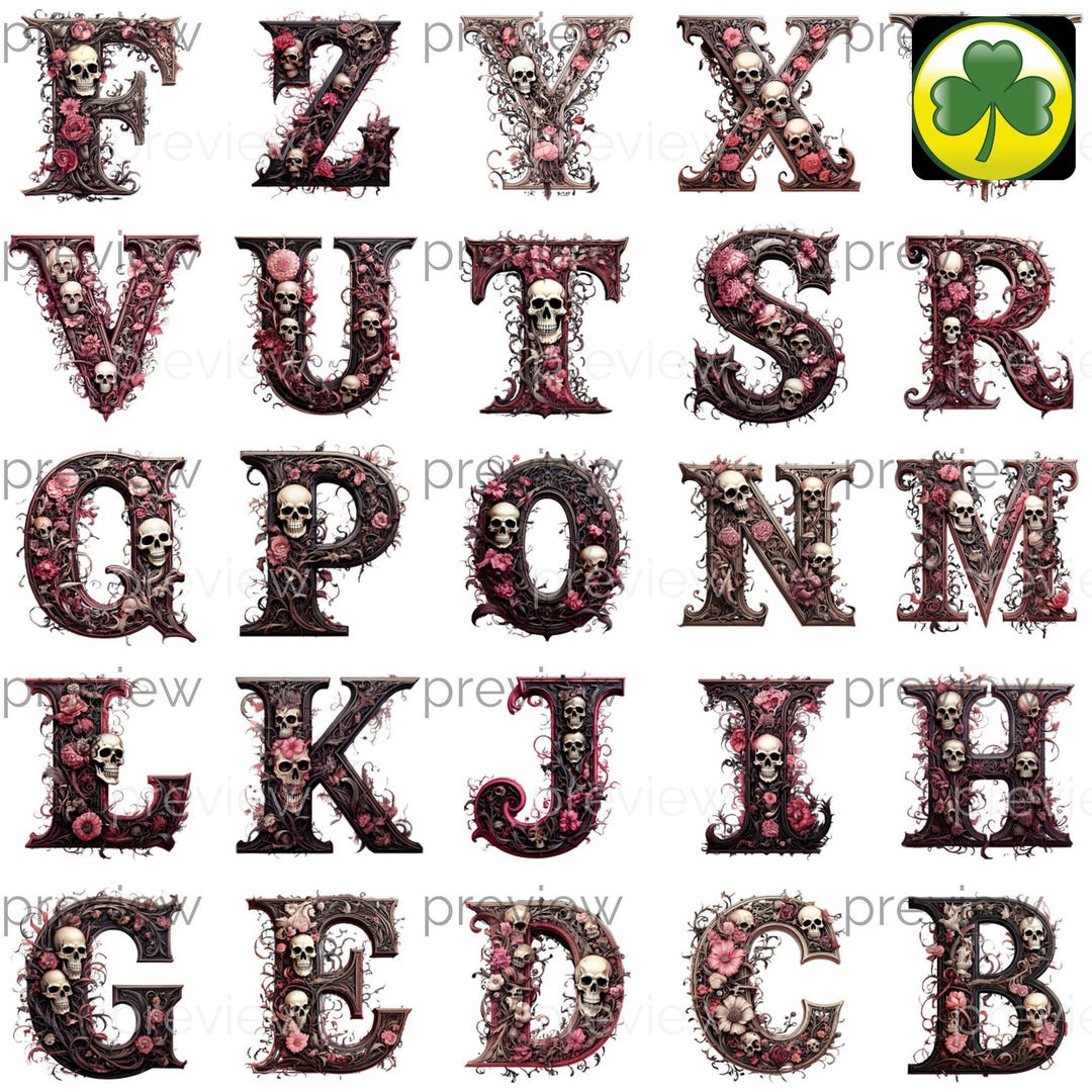 Gothic Skull Alphabet Clipart: Floral Skulls A-Z (PNG Instant Download ...