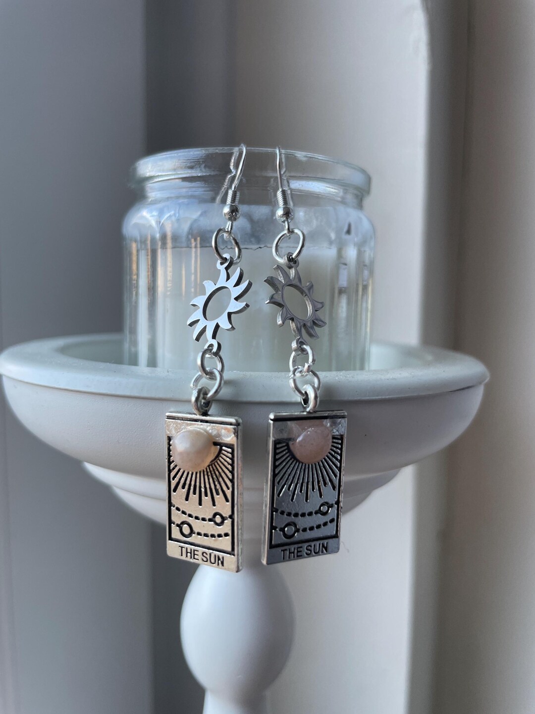 Genuine Raw Sunstone & Sun Tarot Card Charm Earrings Handmade Jewelry ...