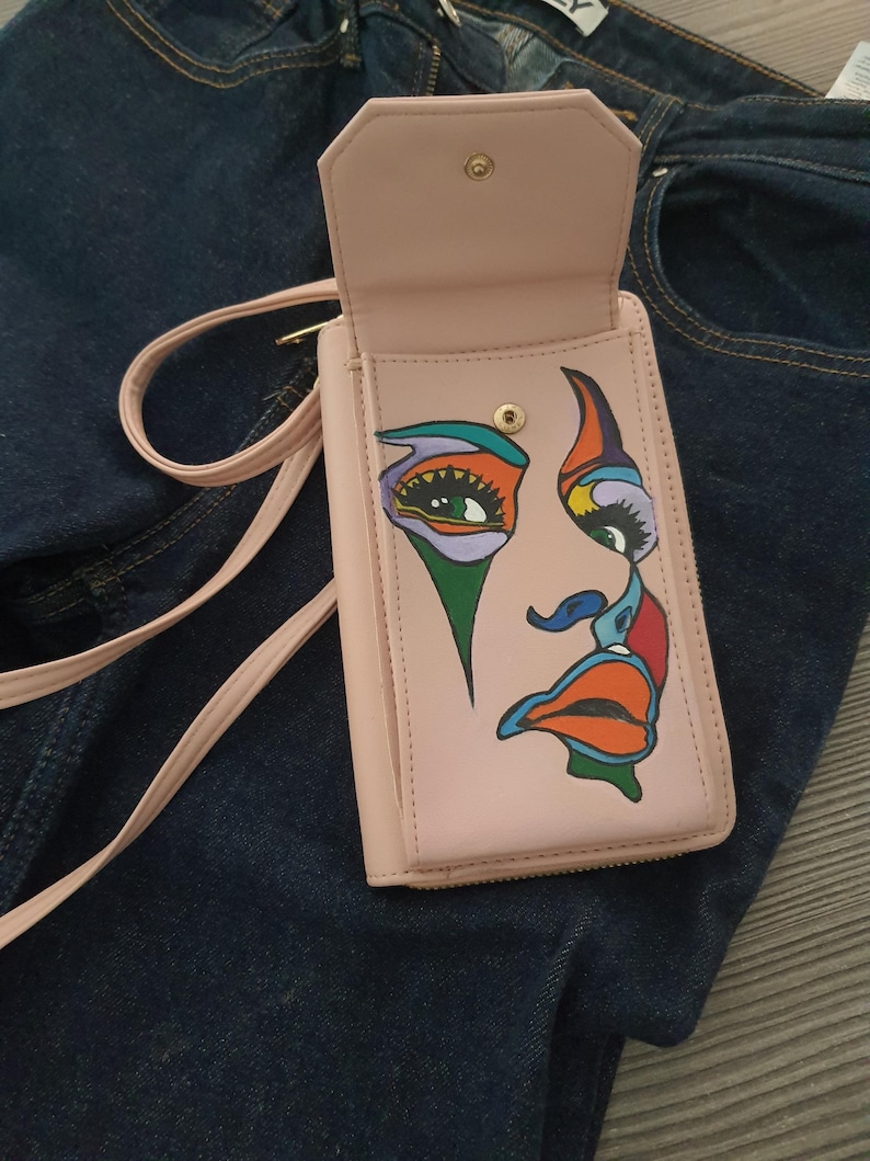 Hand-painted Crossbody Bag – Abstract Face Art, Small Pink Messenger ...