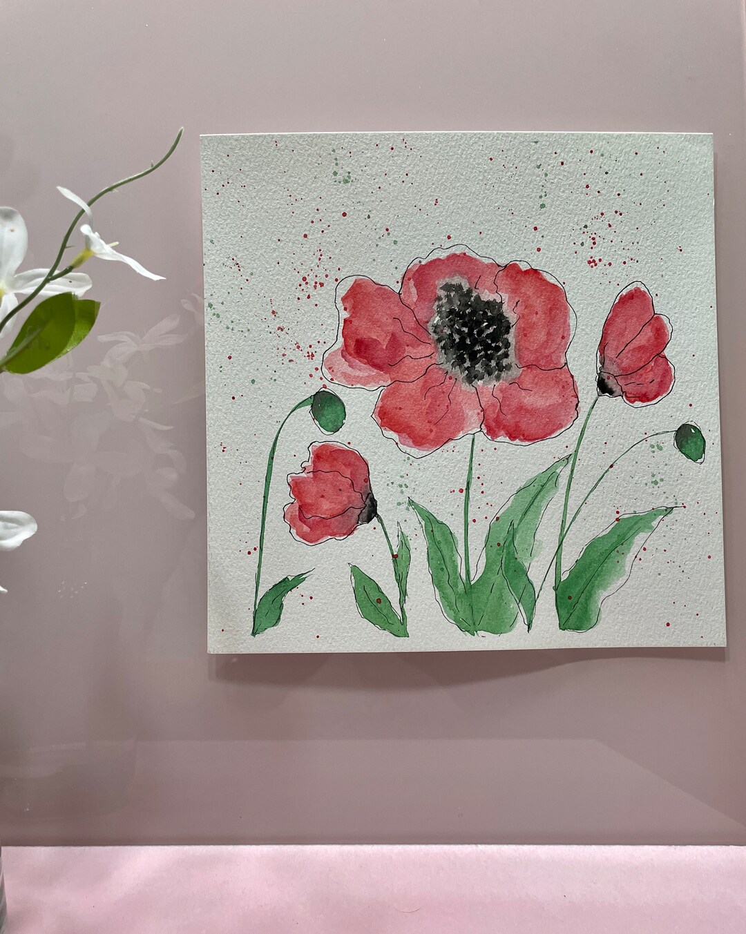 Red Poppies Ink and Watercolor Painting, 8x8 Inches - Etsy