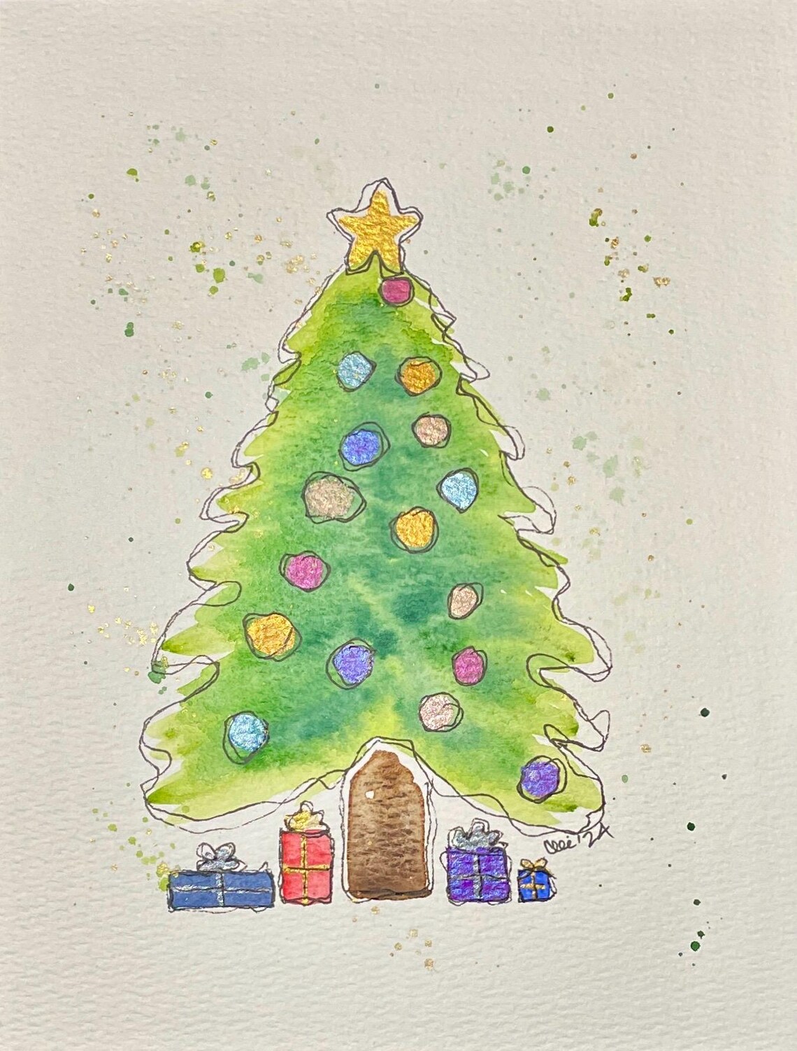 Christmas Tree With Presents Watercolor Painting, 6x8 Inches - Etsy