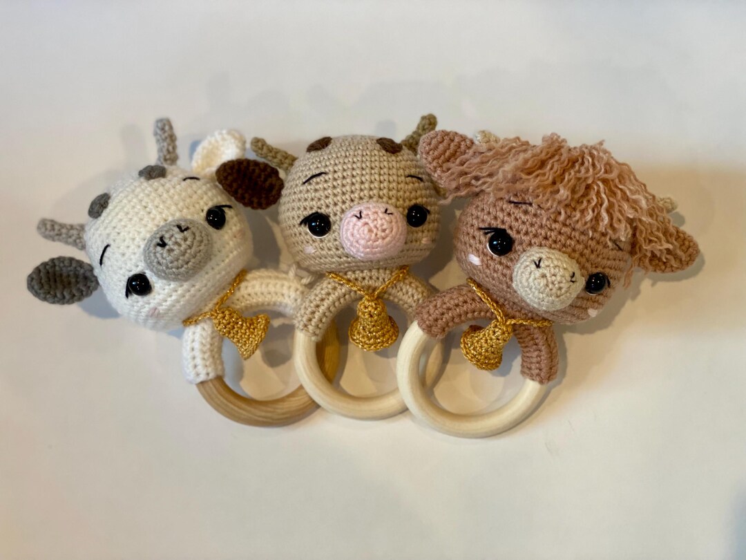 Barnyard Friends - Crochet Animal Baby Rattle | Baby Shower Gift | Wood ...