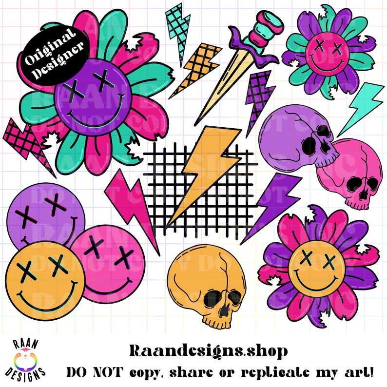 Retro Mental Health-clipart-element-design-png-skull-flower-smiley Face ...