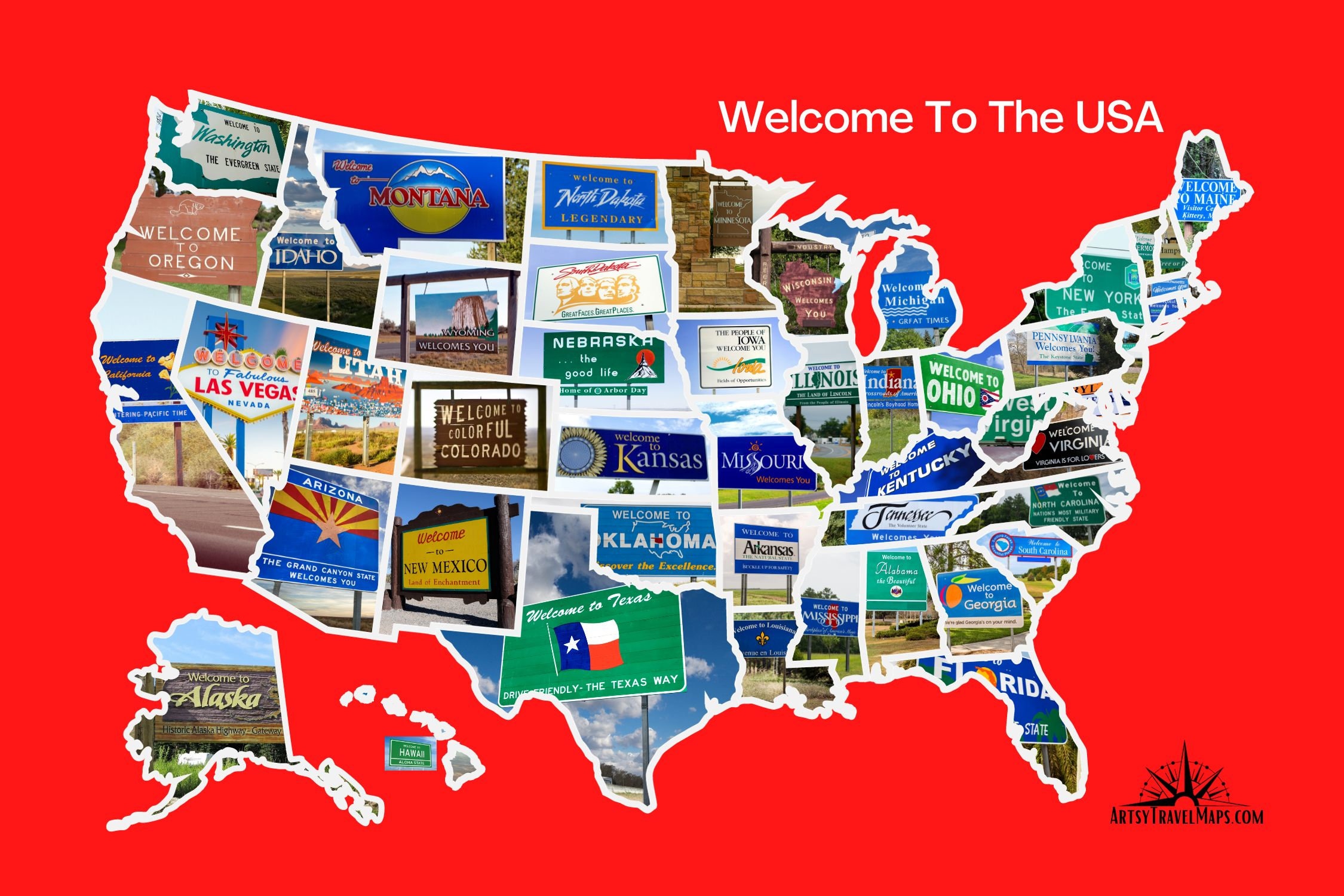 US State Welcome Signs Scratch-off Map, Poster, Bucket List, US State ...