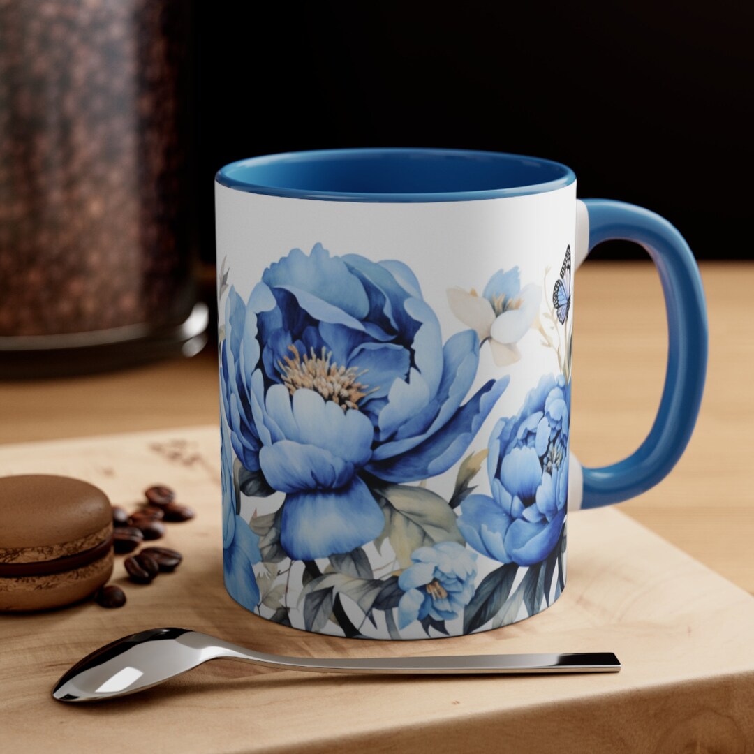 Blue Floral Mug, Blue Flower Mug, Blue Floral Coffee Cup, Blue Flower ...