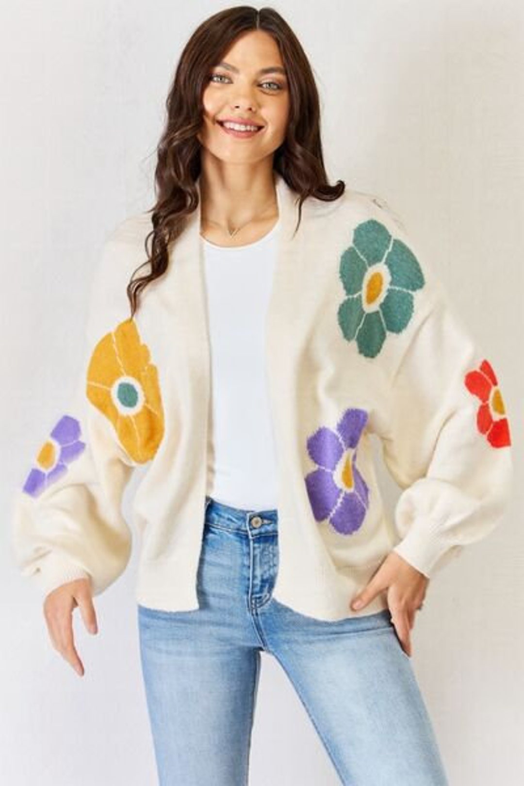 J.NNA Open Front Flower Pattern Long Sleeve Sweater Cardigan - Etsy
