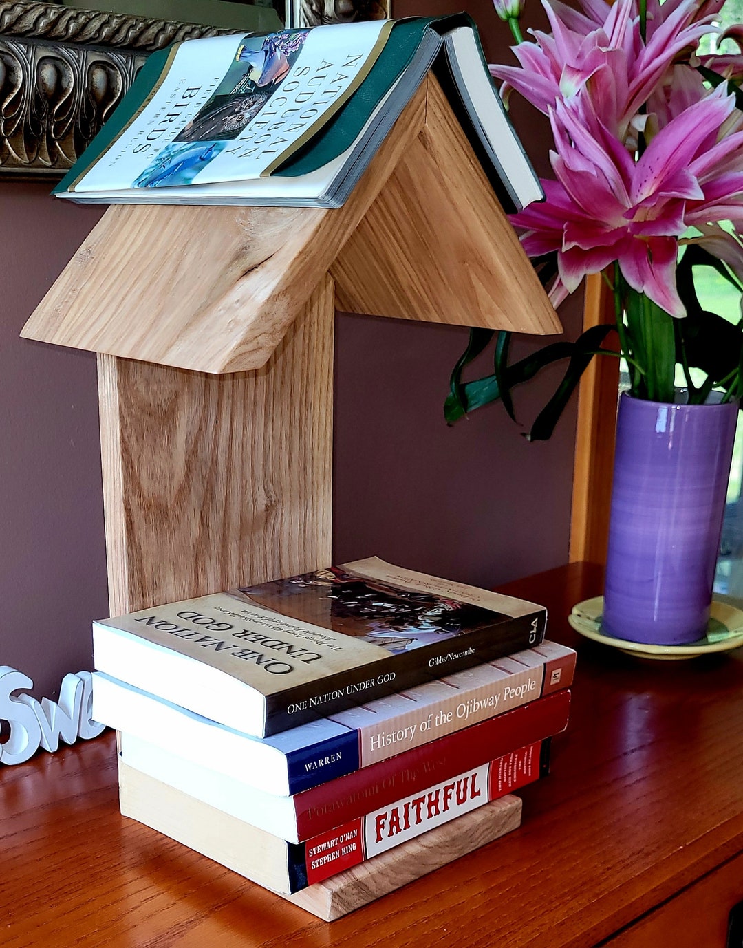 Handcrafted Red Oak Book Stand: Whimsical Birdhouse Design - Etsy