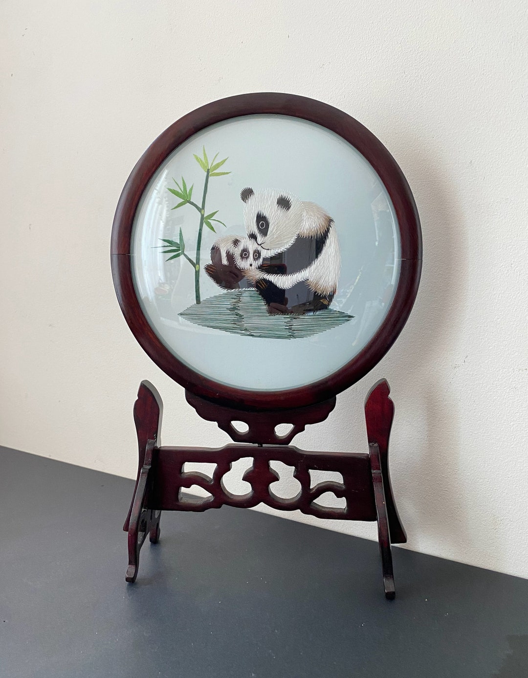 W0172 Vintage Panda Embroidery on Silk / Silk Between Glass /wood Stand ...