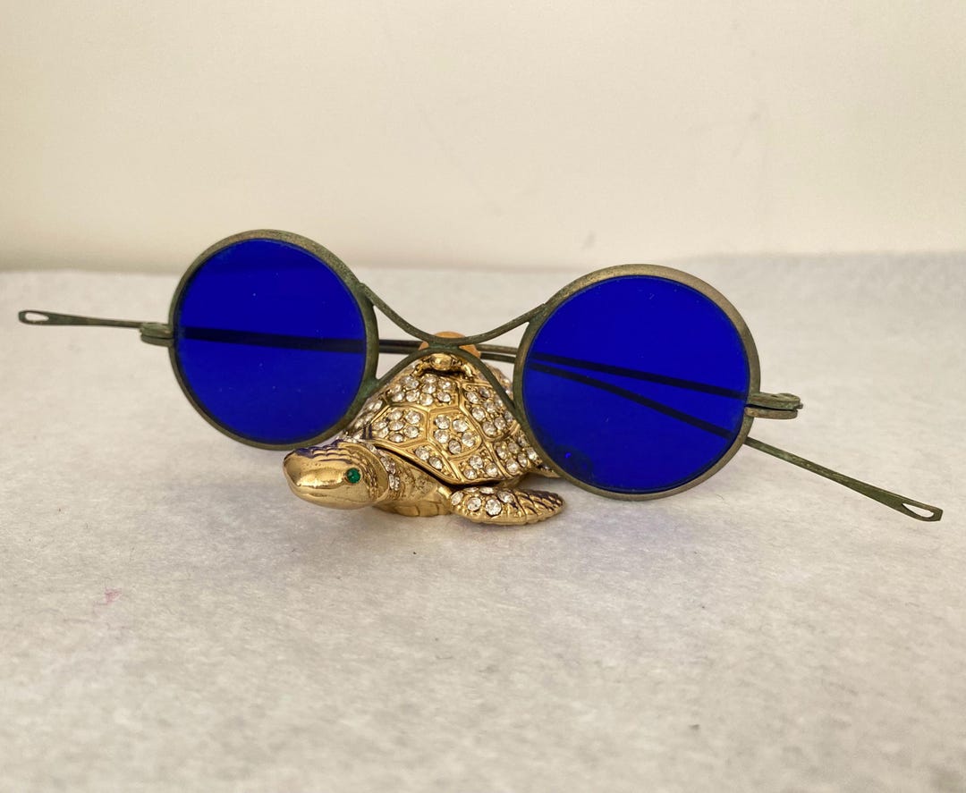 W0509 Antique(1920's)rare Round Cobalt Blue Glass Goggles/eye Glasses ...
