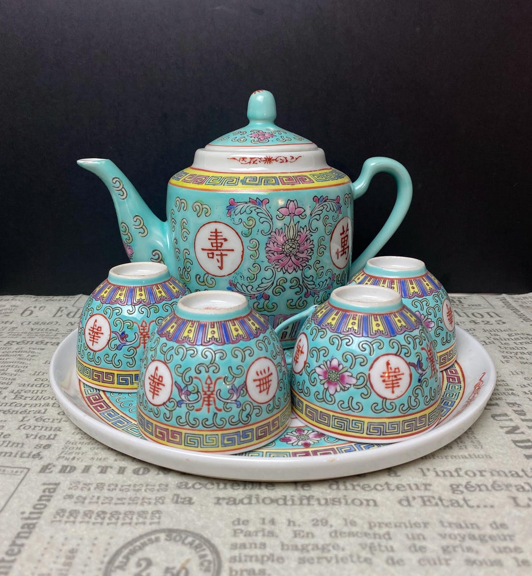 W0319 Vintage Hand-paint Tea Set /old Ceramic Pastel 6 PC Tea Pot /tea ...