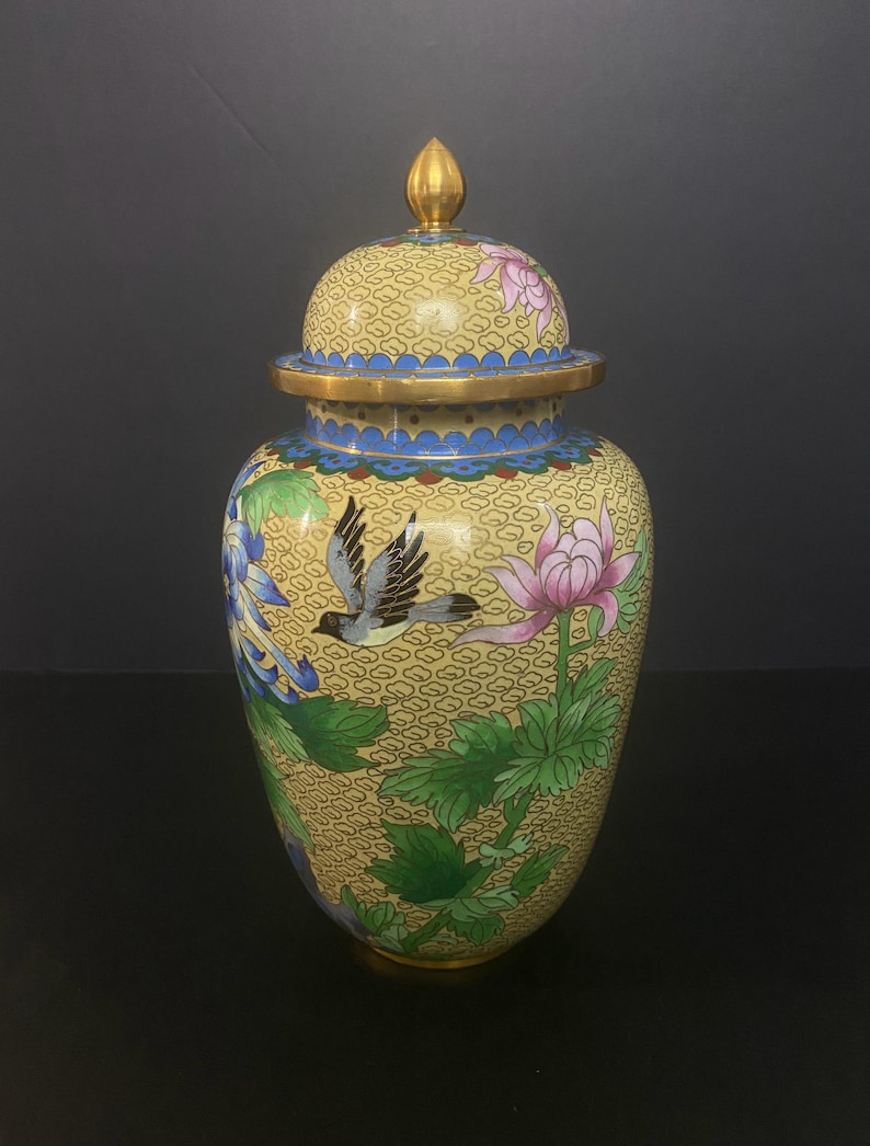 W1406 Vintage Chinese Cloisonné Ginger Jar, Floral & Bird Enamel Brass ...