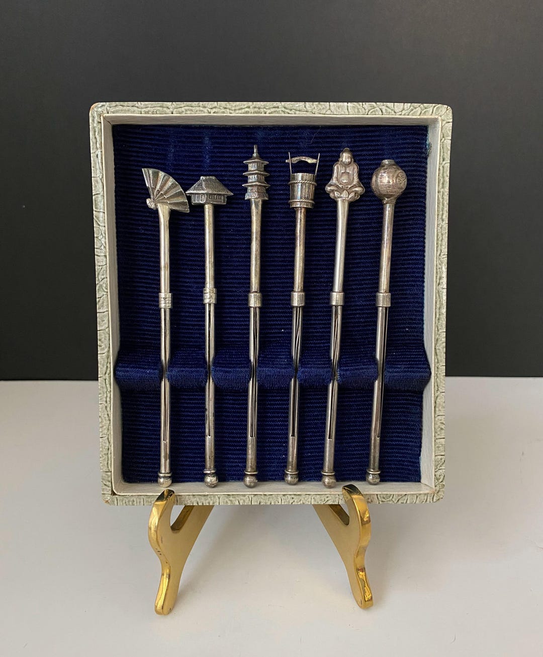 W0678 Vintage Japanese Sterling Silver Retractable Swizzle Stick Set ...