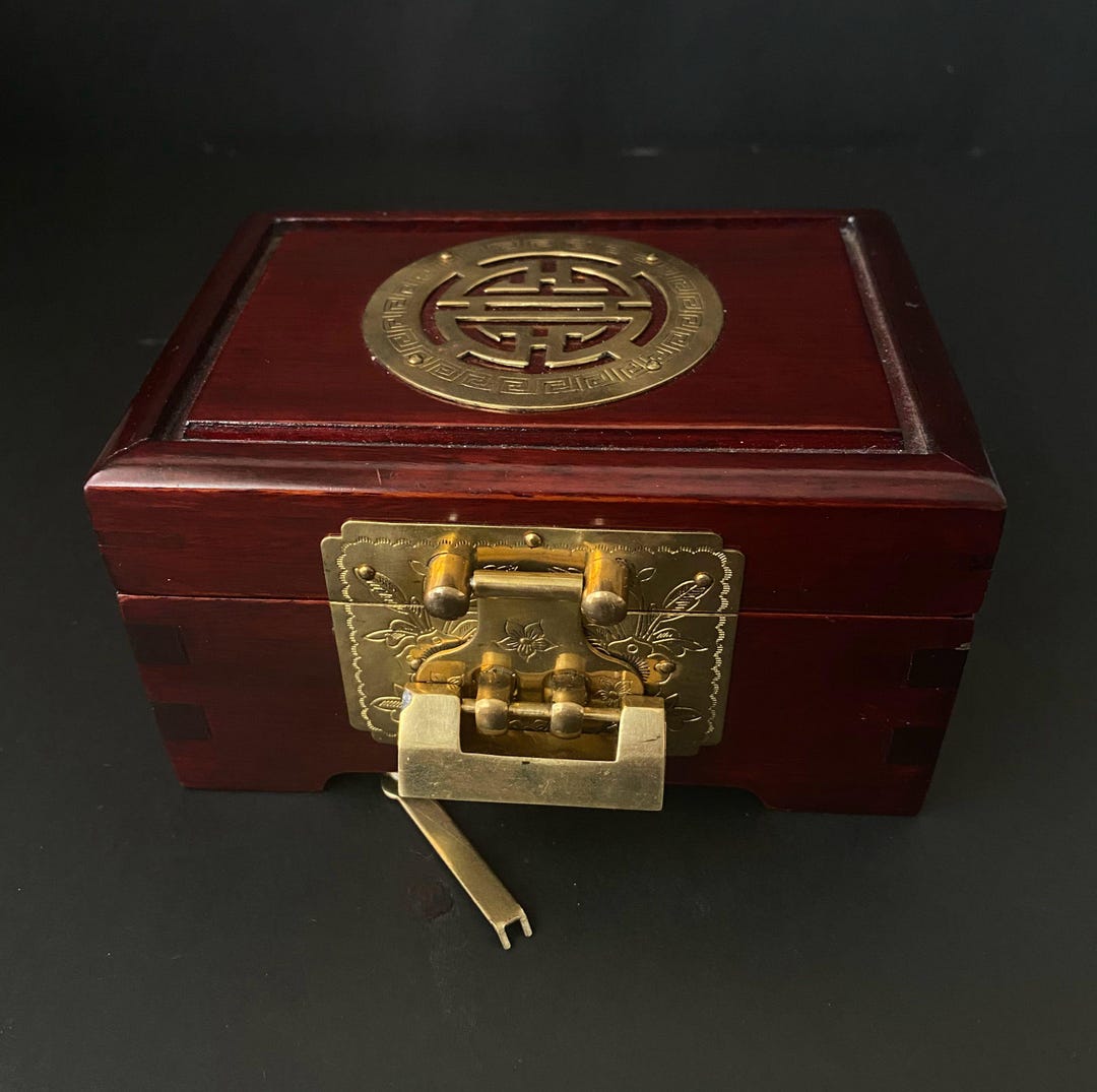 W0574 Vintage Asian Rosewood Trinket Jewelry Box Hinged Lid Brass ...