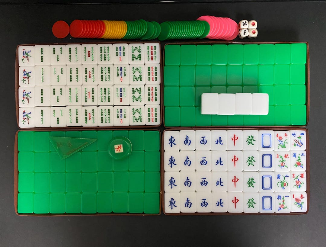 N0494 Vintage Large Green Mahjong/green White Mahjong Game/full Set ...