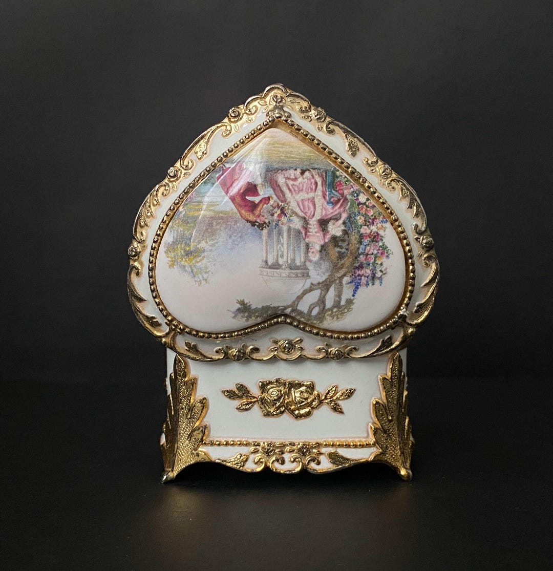 N0622 Vintage Japanese Porcelain Heart Sharp Musical Jewelry Box ...
