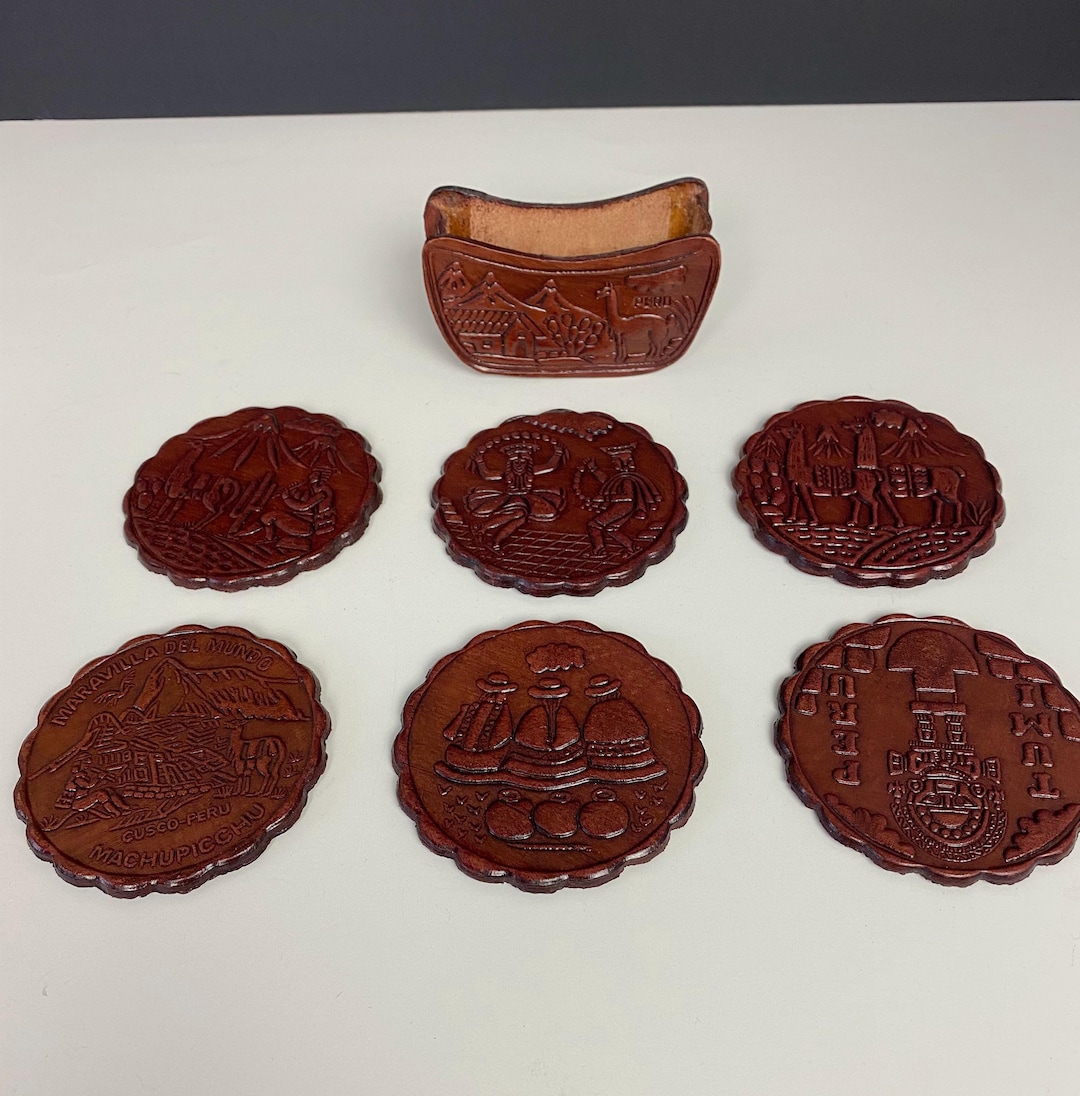W0993 Vintage Peruvian Tooled Leather Coaster Set of 6 With Holder ...