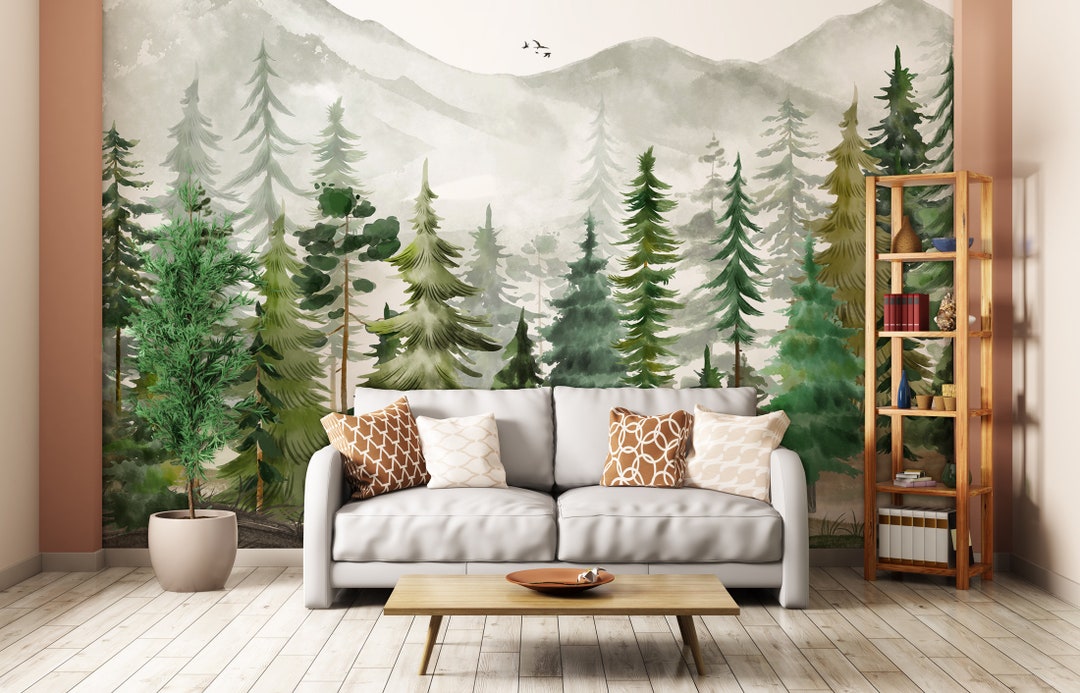 Misty Forest Scene Nature Wall Mural Wallpaper, Peel & Stick, Self ...