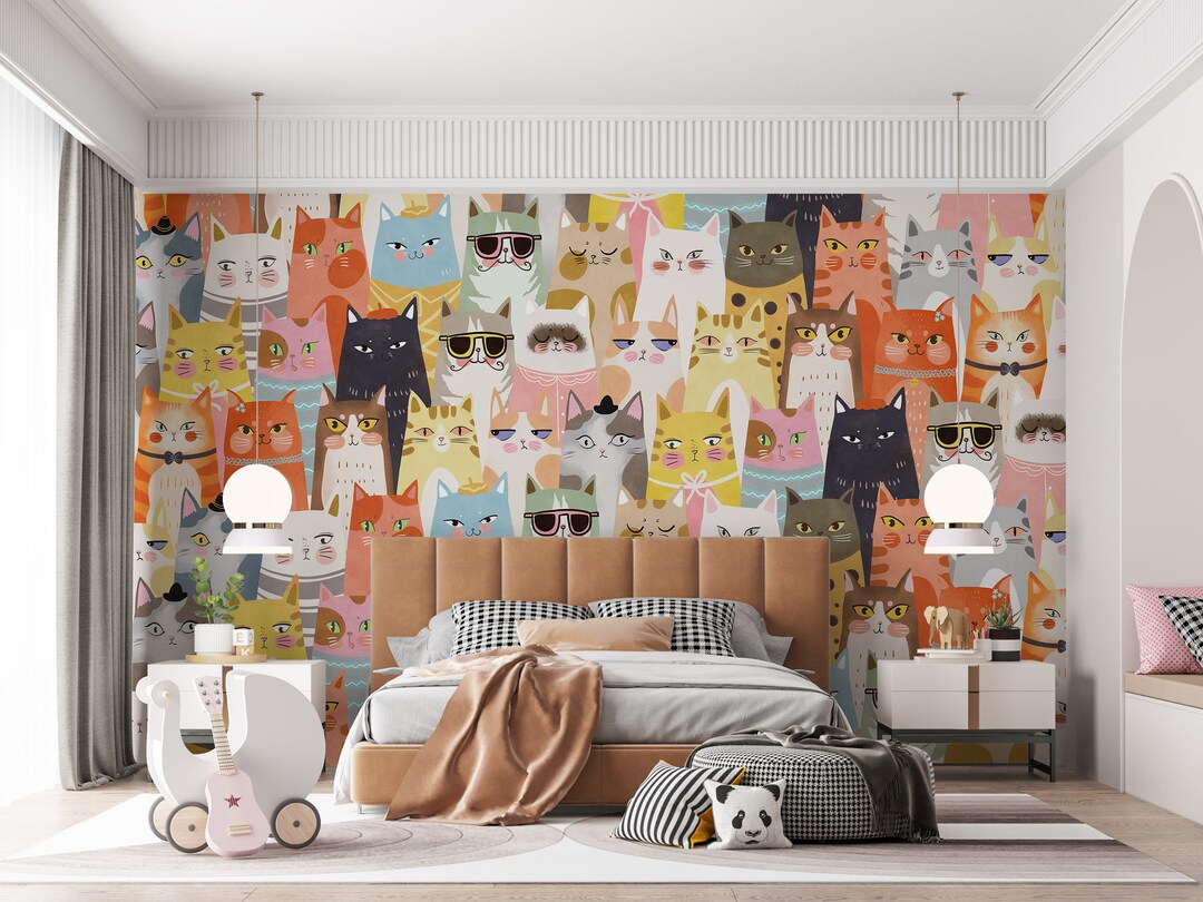 Colorful Playful Cat Illustration Mural Wallpaper,colorful Distinctive ...