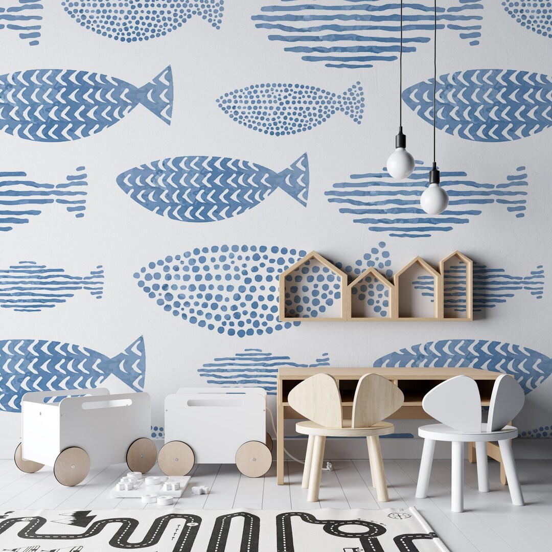 Nautical Blue Fish Pattern Mural Wallpaper,peel & Stick, Self Adhesive ...