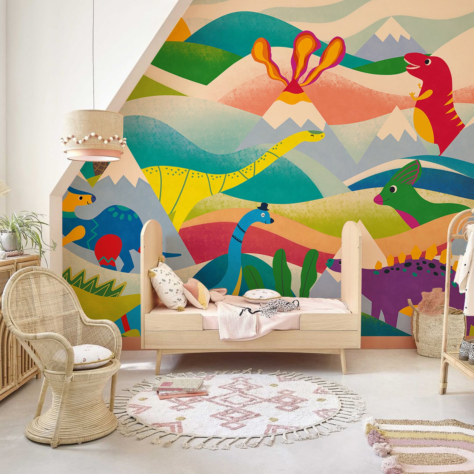 Colorful Abstract Dinosaur Landscape Mural Wallpaper, Children/kids ...