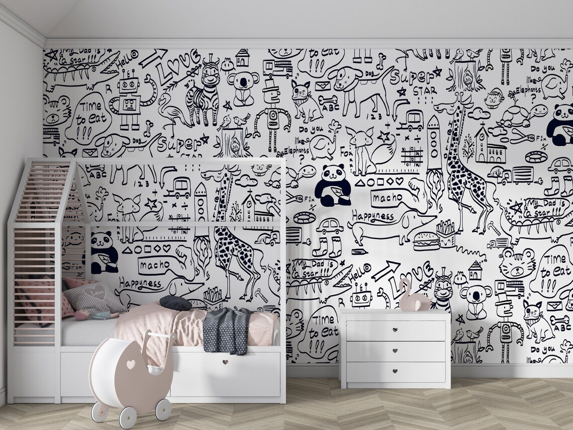 Whimsical Doodle Art Kids Mural Wallpaper, Children/kids' Room ...