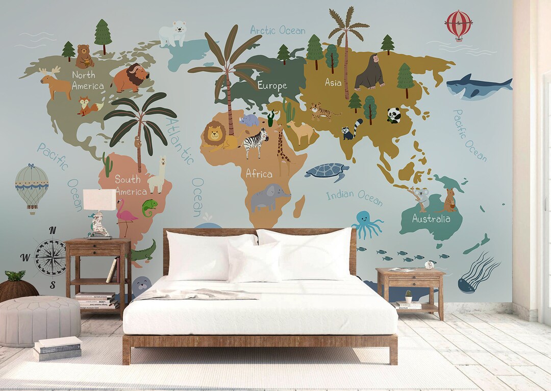 Colorful World Map Kids Room Mural Wallpaper, Children/kids' Room ...