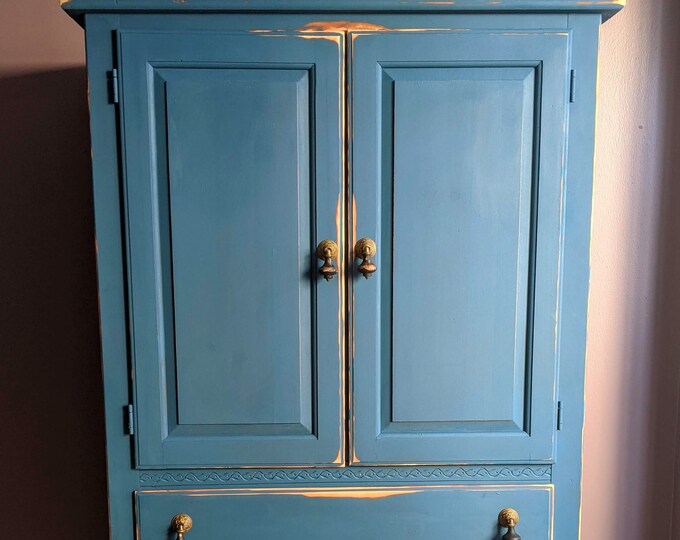 Medium Vintage Upcycled Appeasing Cerulean Blue Armoire Cabinet With ...