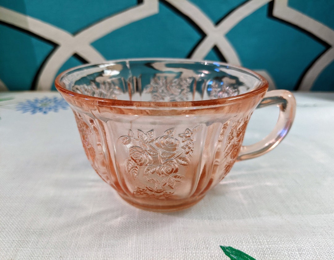 Antique 1930s Pink Depression Glass Cup Teacup W/ Art Déco Roses Sharon ...