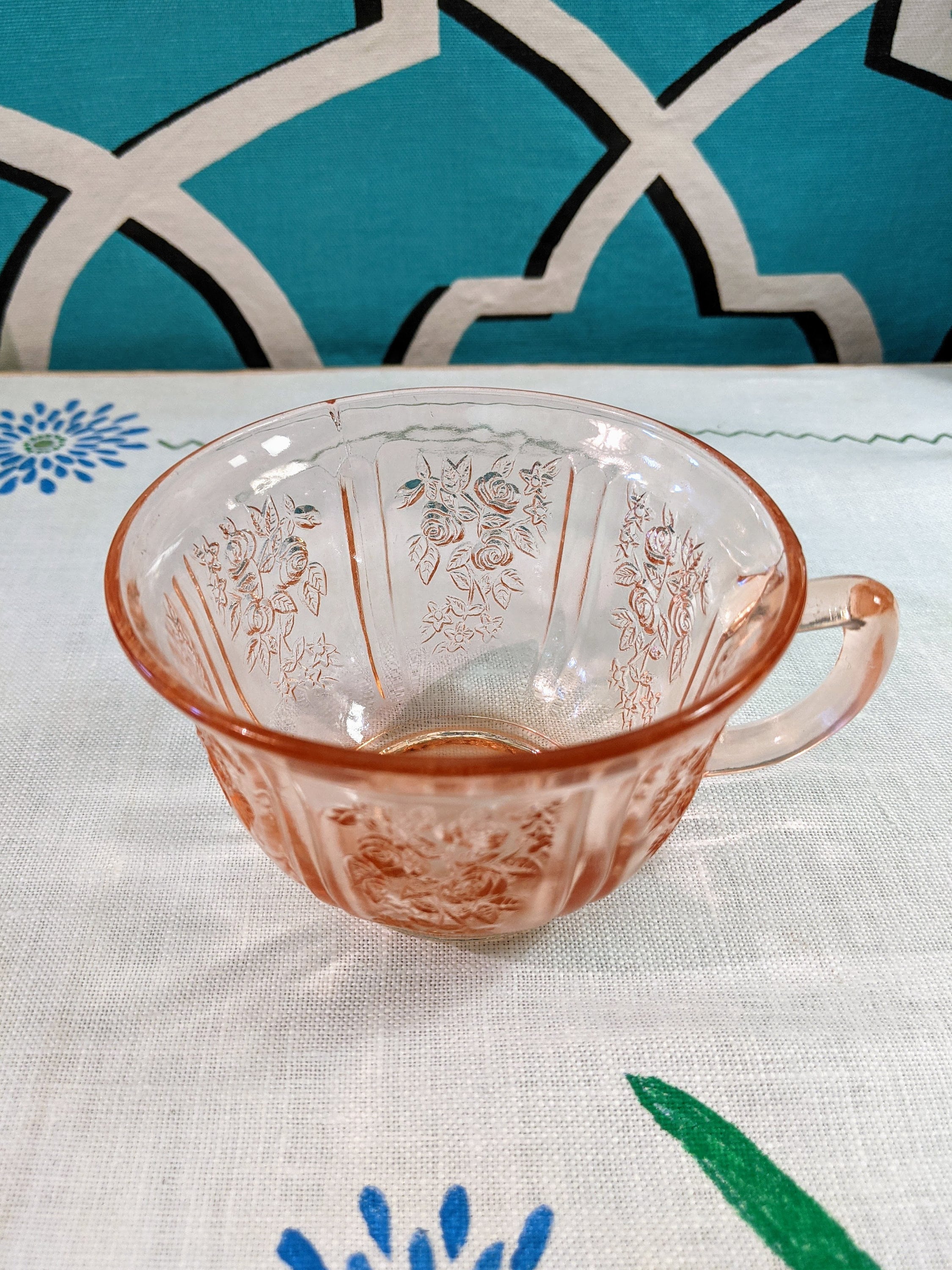 Antique 1930s Pink Depression Glass Cup Teacup W/ Art Déco Roses Sharon ...