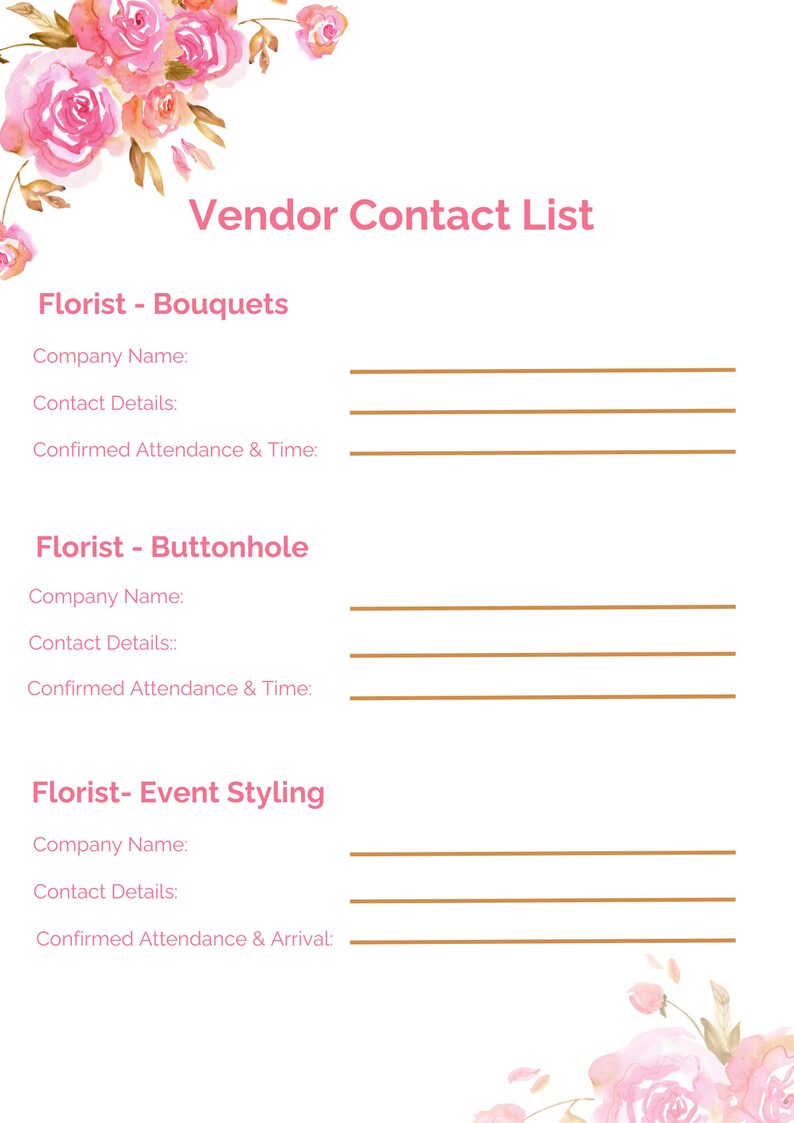 Wedding Vendor Contact List - Pink - Etsy