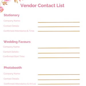 Wedding Vendor Contact List - Pink - Etsy