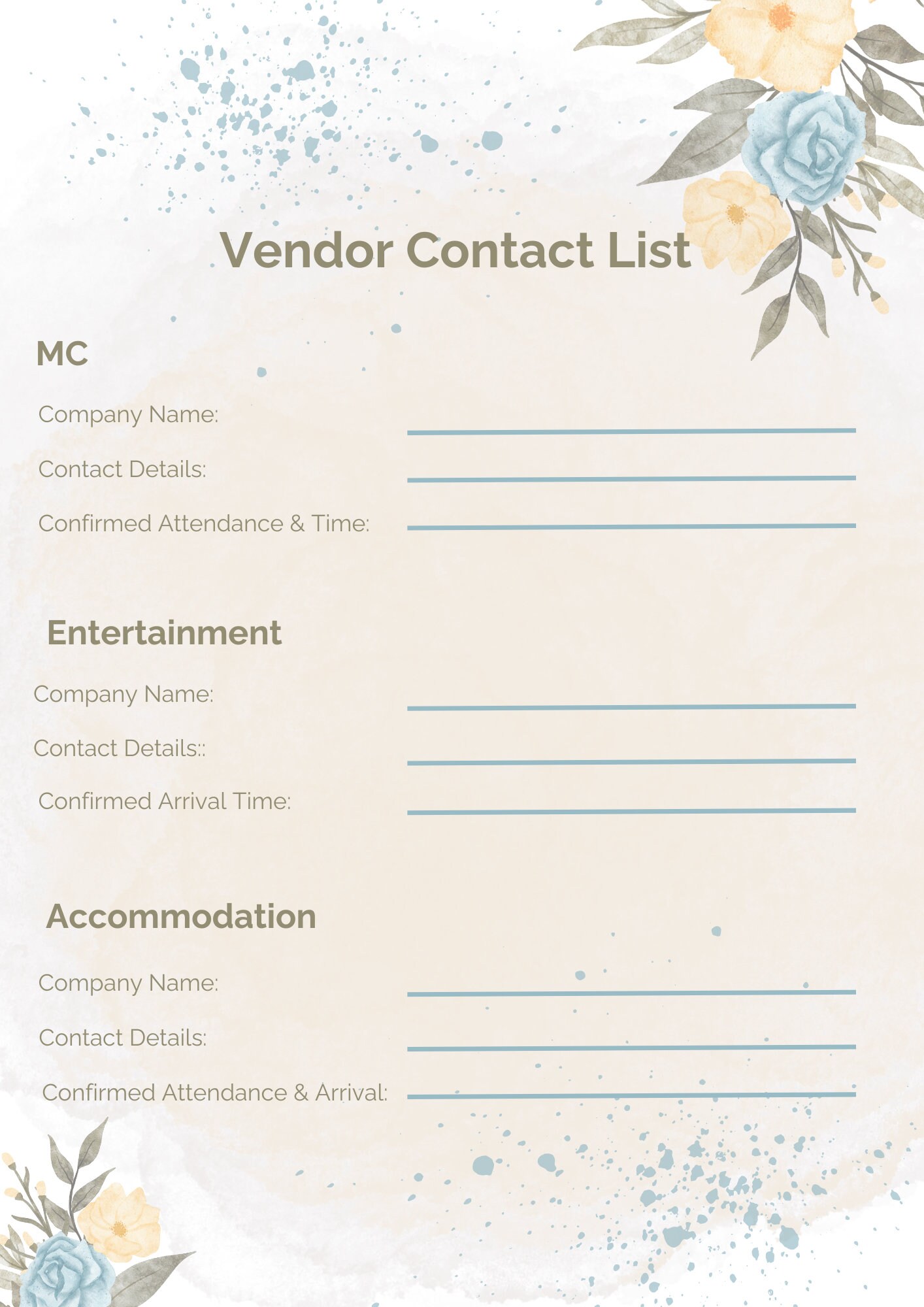 Wedding Vendor Contact List Blue, Yellow & Green - Etsy