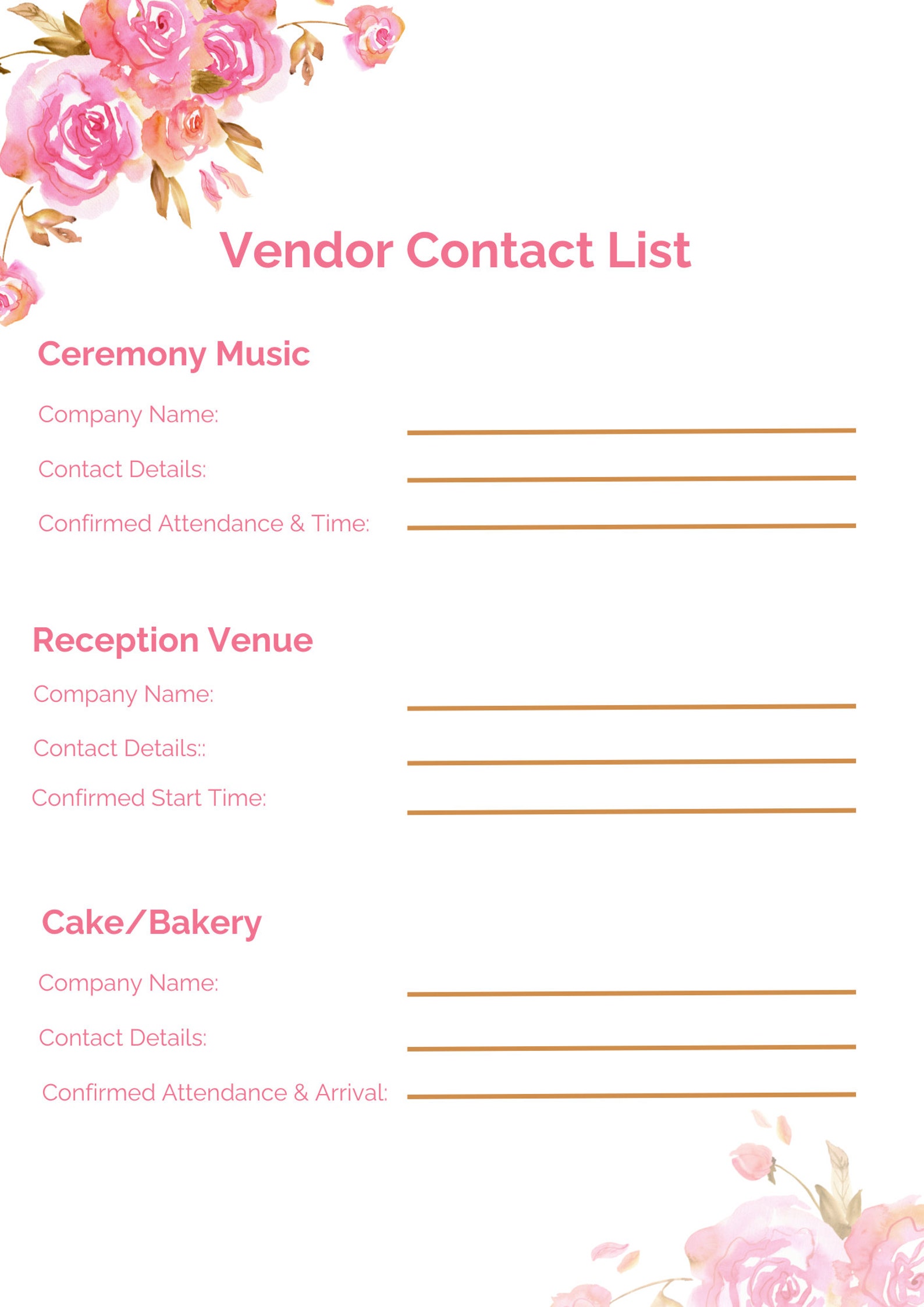 Wedding Vendor Contact List - Pink - Etsy