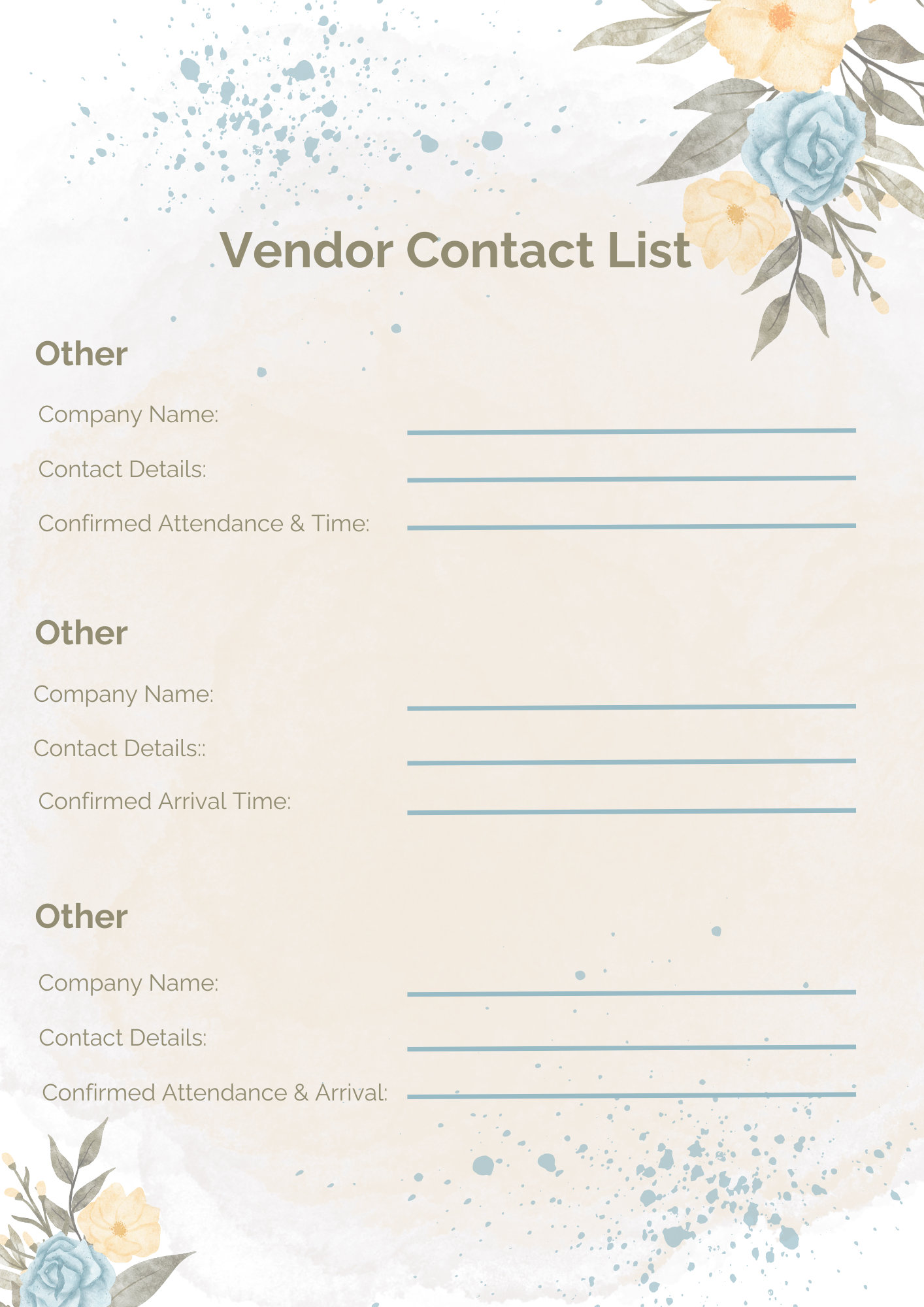 Wedding Vendor Contact List Blue, Yellow & Green - Etsy
