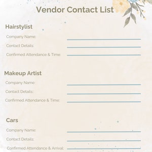 Wedding Vendor Contact List - Blue, Yellow & Green - Etsy