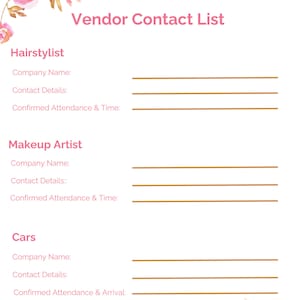 Wedding Vendor Contact List - Pink - Etsy