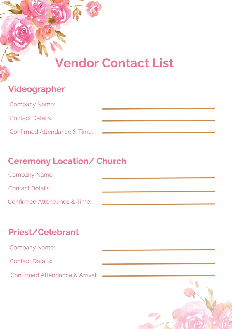 Wedding Vendor Contact List - Pink - Etsy