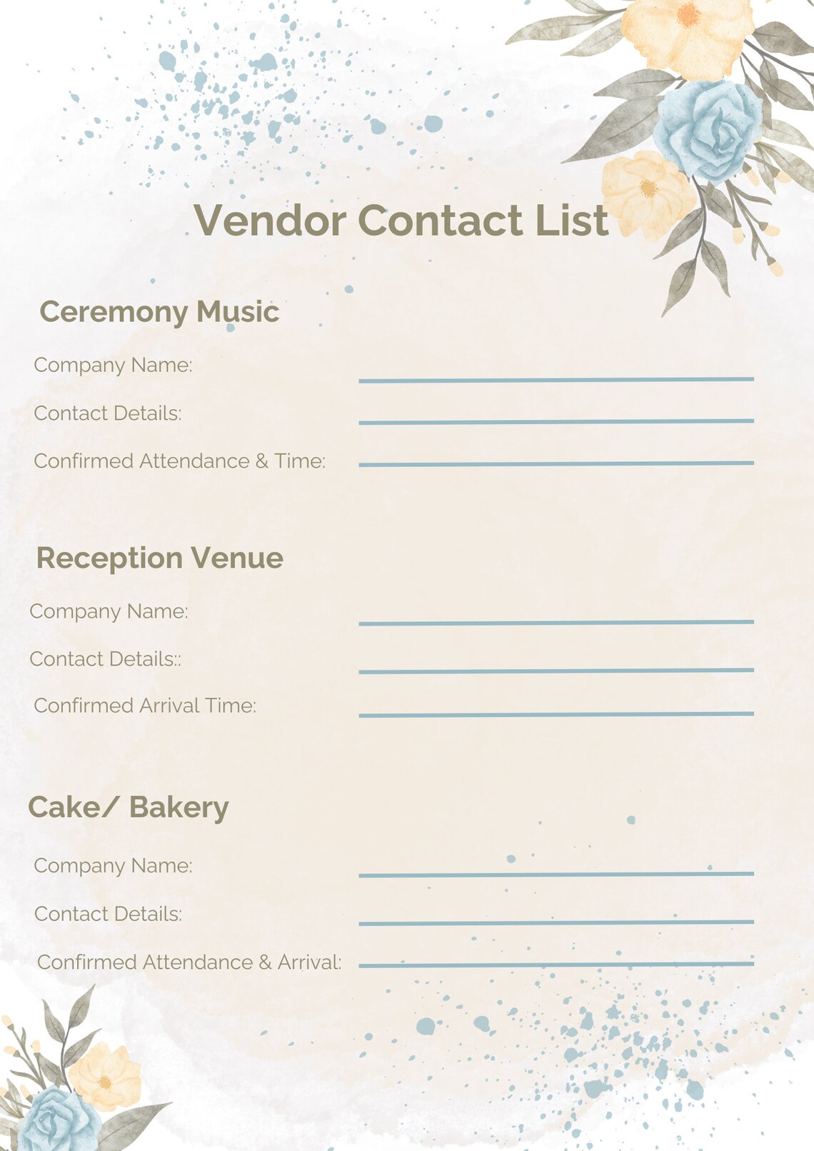 Wedding Vendor Contact List Blue, Yellow & Green - Etsy