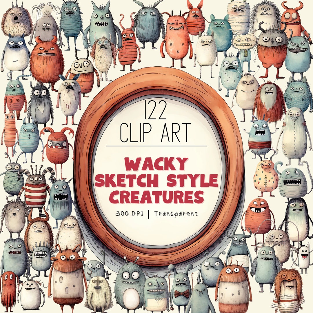Wacky Sketch Style Creatures Clipart Bundle, 122 Transparent PNG, RPG ...