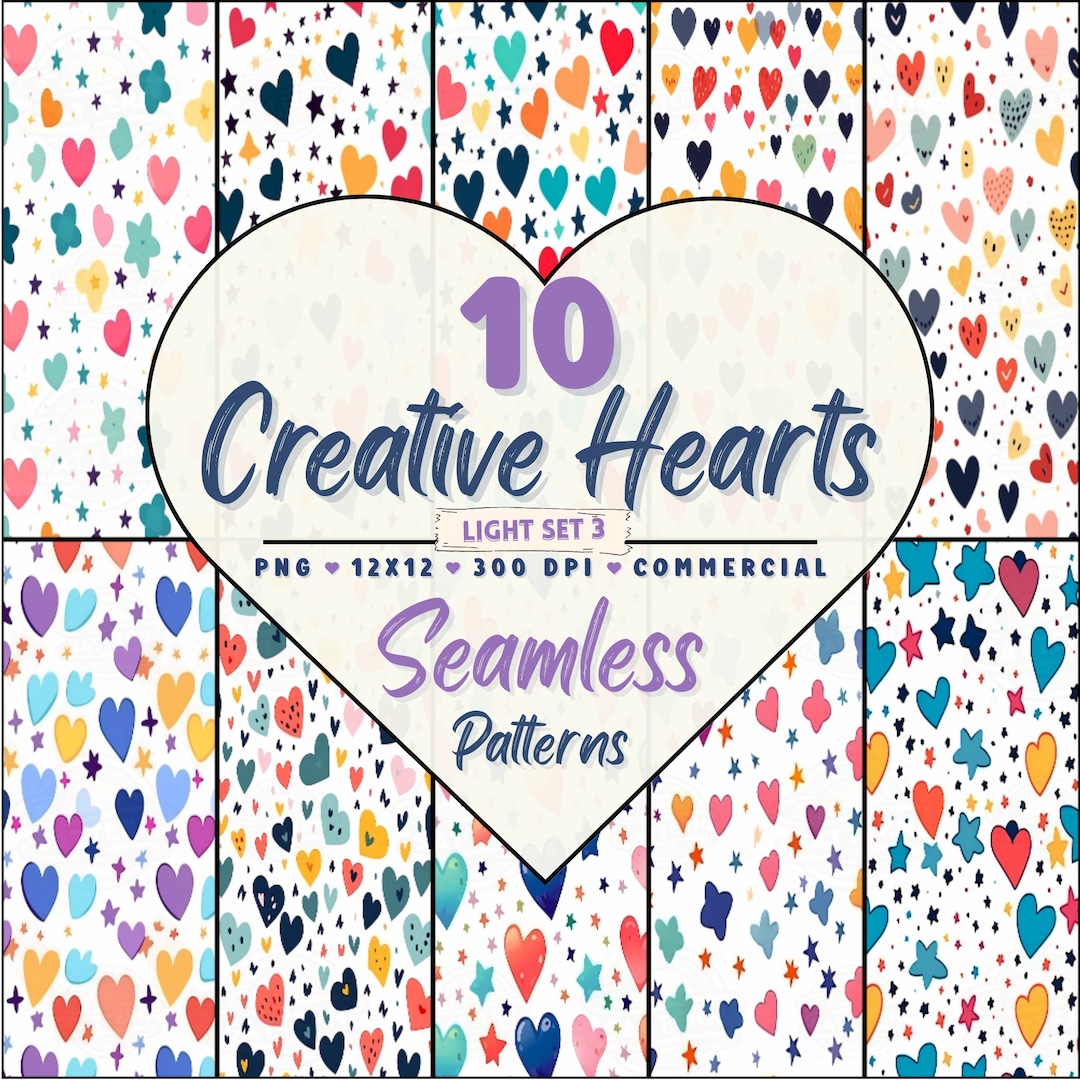 10 Creative Heart Seamless Patterns, Light Hearts Set 3, Unique Heart ...