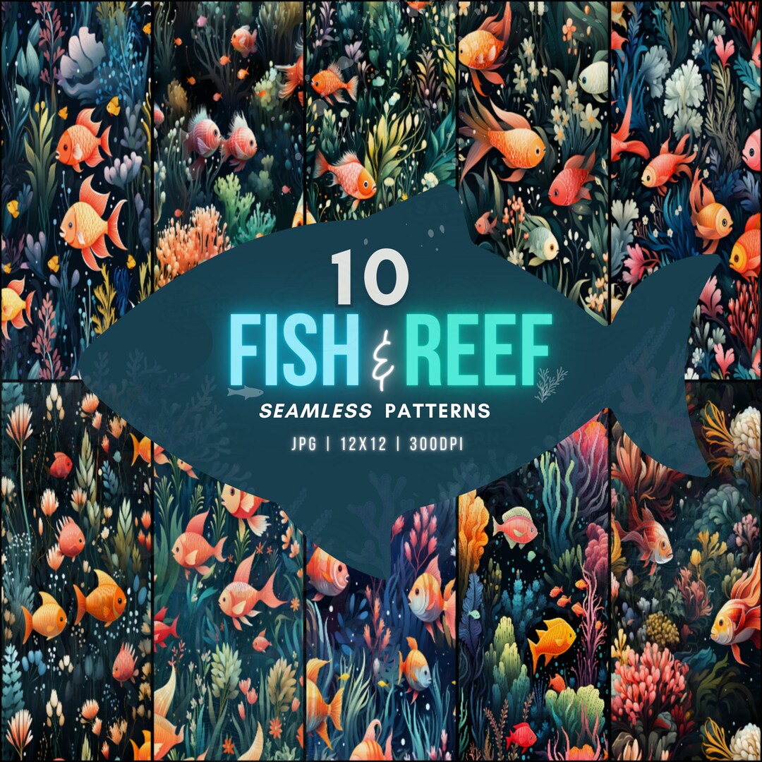 10 Fish Reef Seamless Patterns, Ocean, V1, Unique Fish Digital Paper ...