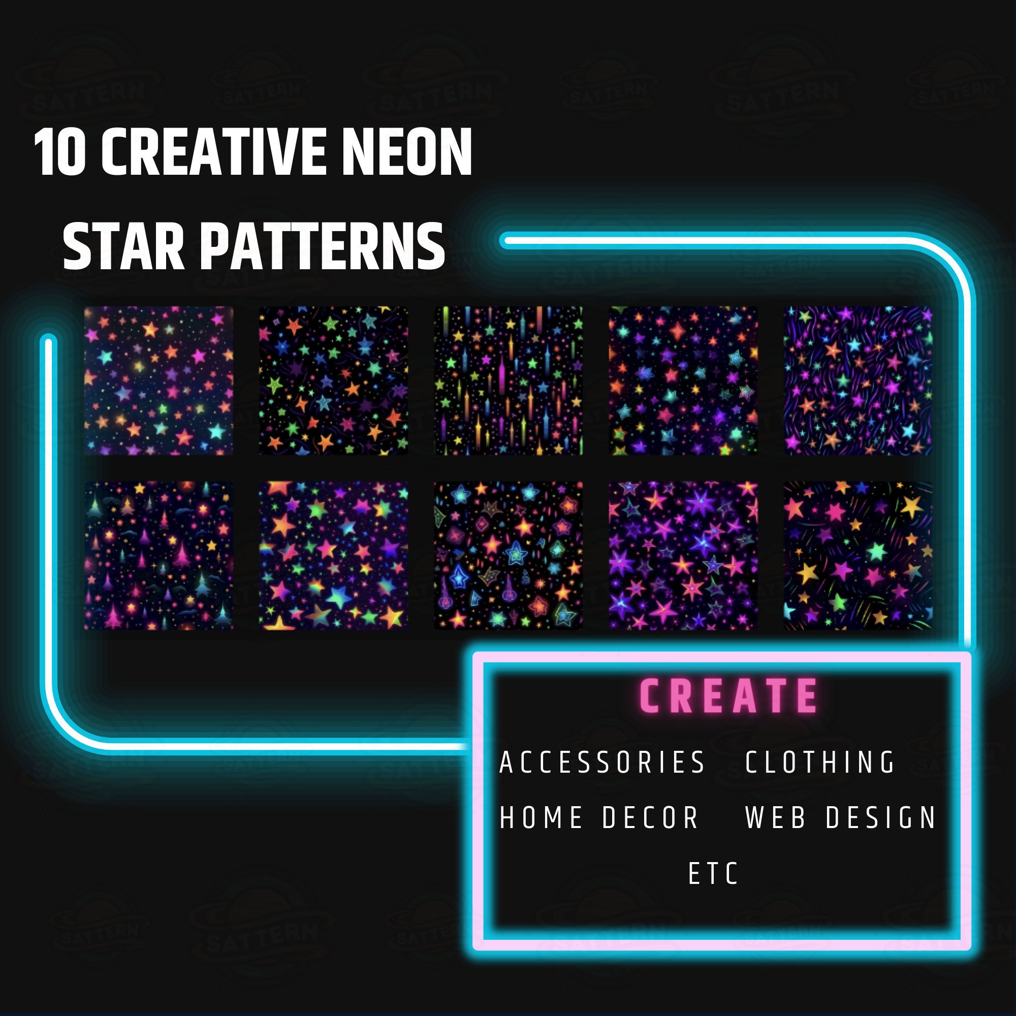 10 Creative Seamless Patterns, Neon Stars, V2, Unique Stars Digital ...