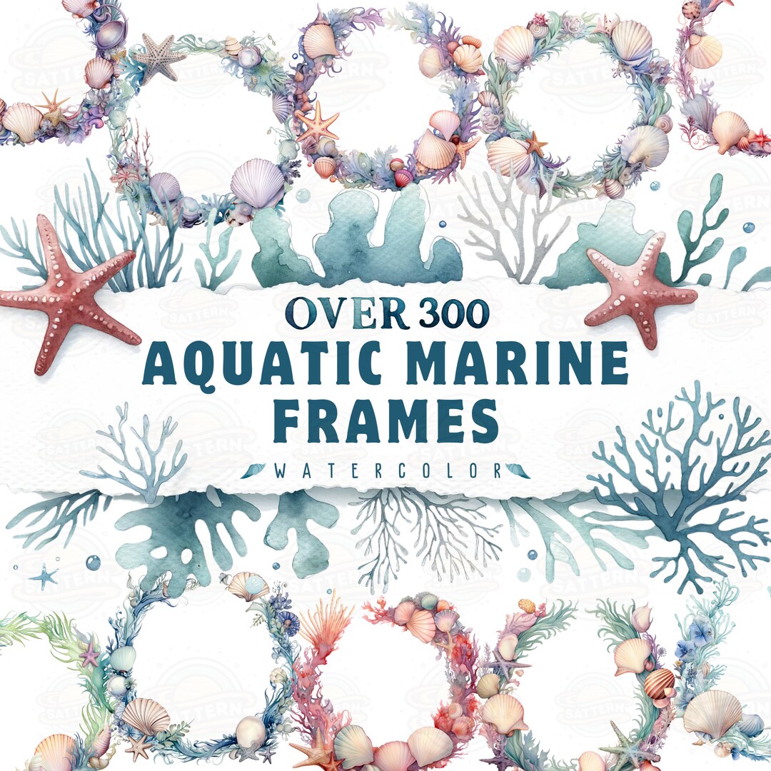 Aquatic Marine Frames Clip Art Bundle 321 PNG, Watercolor, Seashells ...