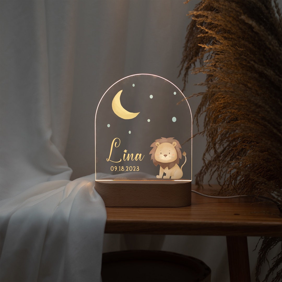 Custom Acrylic Night Light With Moon & Lion, Newborn Gift, Baby Shower ...