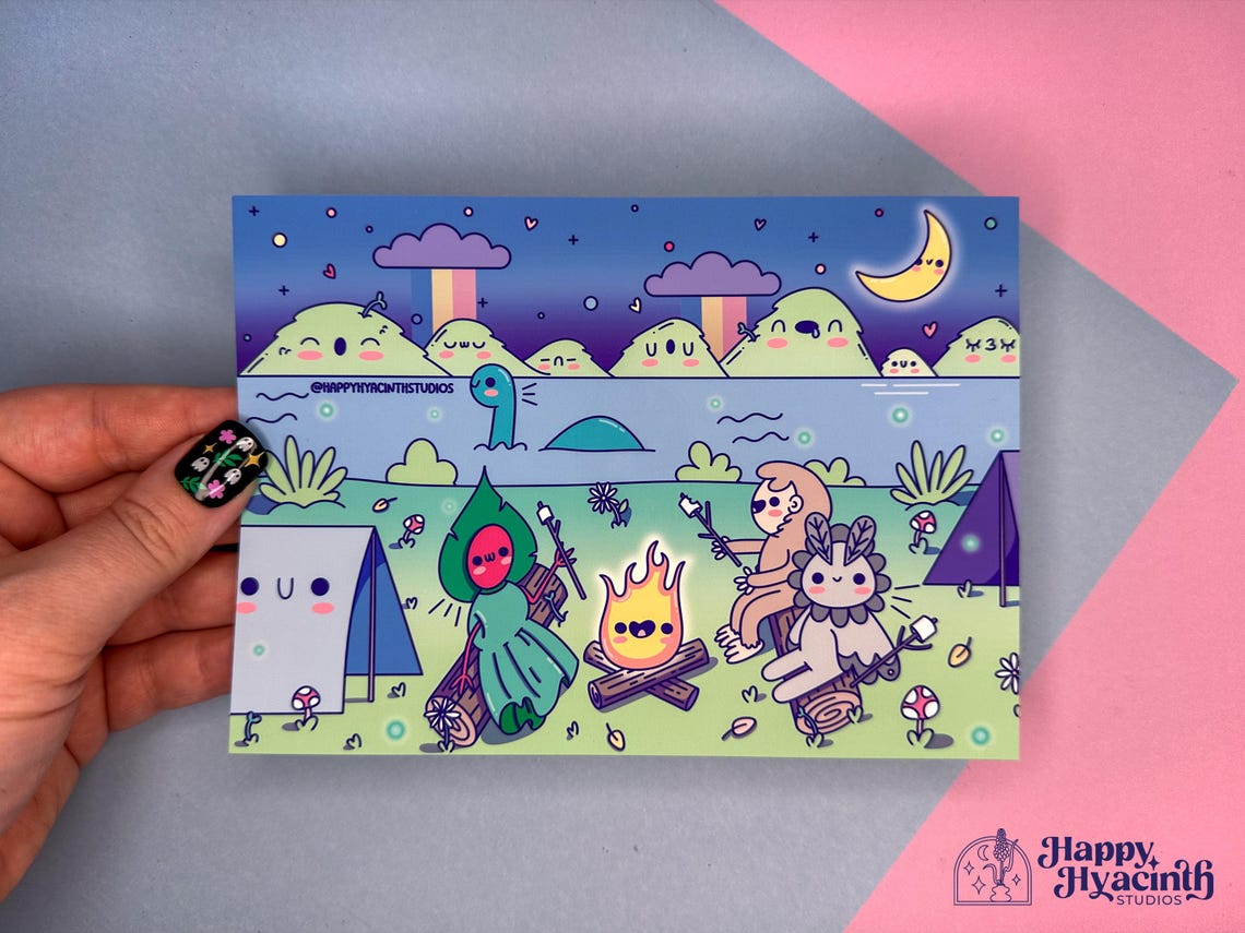 Cryptid Cuties Camping Mini Art Print: Spooky Kawaii Desk Decor (5x7 ...