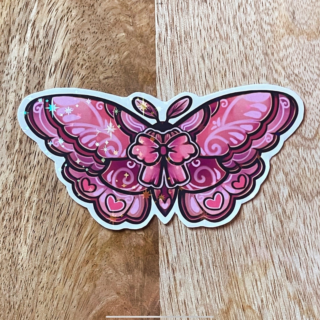 Holographic Vinyl Pink Heart Moth Sticker - Etsy
