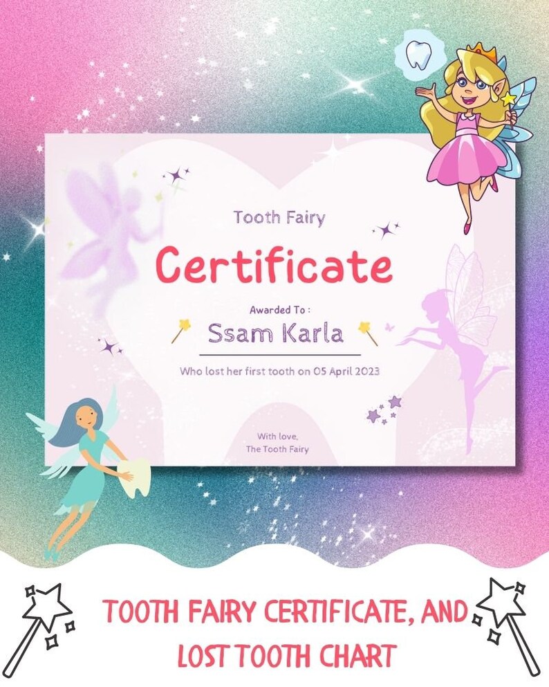 Tooth Fairy Certificate and Lost Tooth Chartdigital File - Etsy