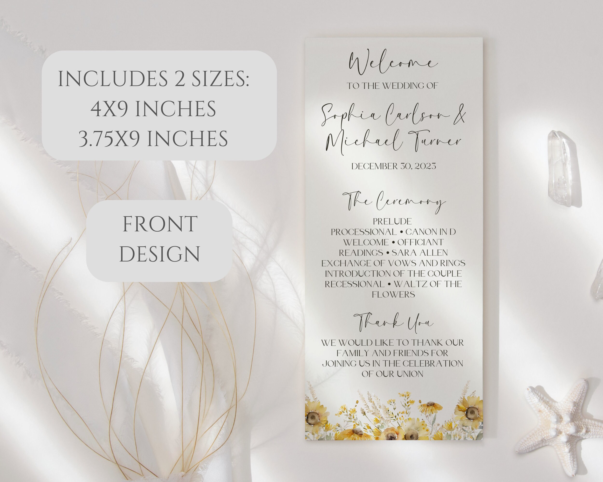 Sunflower Floral Wedding Program Template, Printable Yellow Theme ...