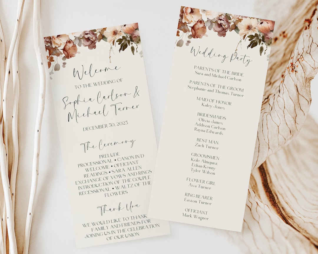 Neutral Floral Wedding Program Template, Printable Rustic Theme ...