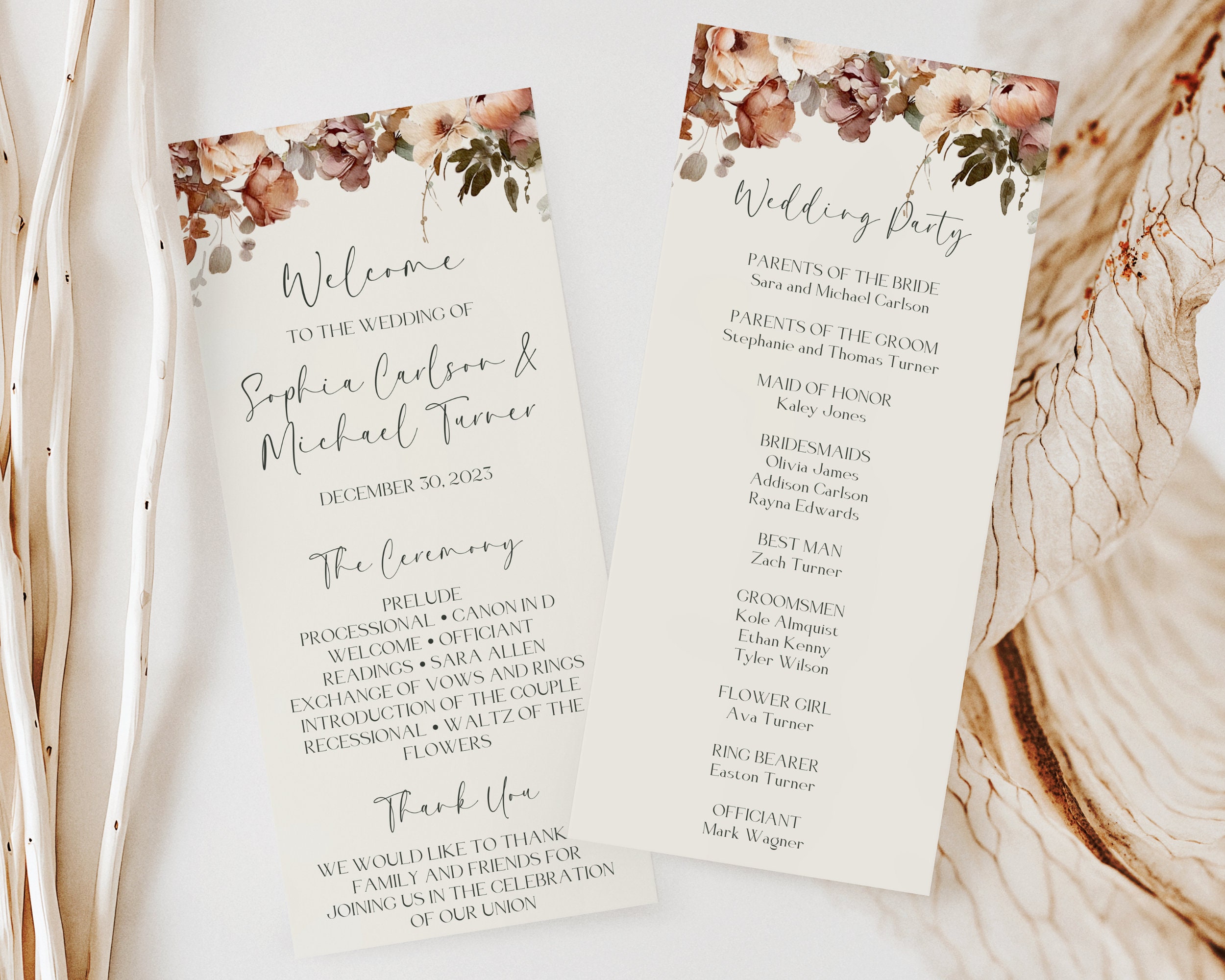 Neutral Floral Wedding Program Template, Printable Rustic Theme, Customizable Font, Editable ...